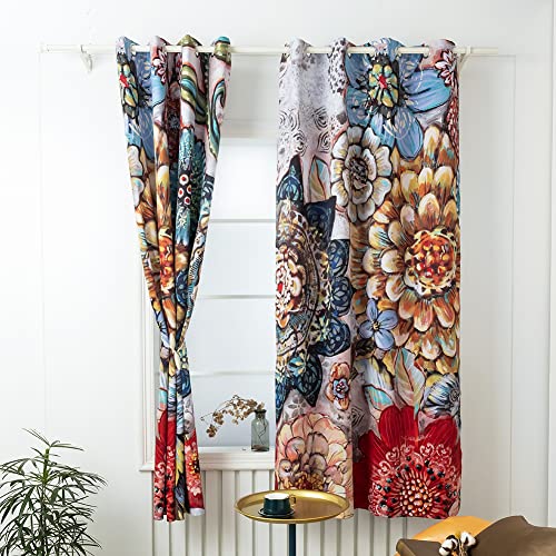 Xiongfeng Floral Curtains Blackout Boho Vintage Window Panels Room Darkening Flowers Print Curtain Drapes with Grommet Thermal Insulated for Living Room Dining Room Bedroom, 52" × 84" , 2 Panels