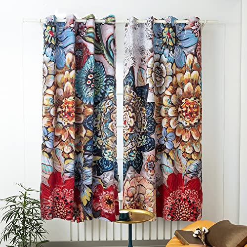 Xiongfeng Floral Curtains Blackout Boho Vintage Window Panels Room Darkening Flowers Print Curtain Drapes with Grommet Thermal Insulated for Living Room Dining Room Bedroom, 52" × 84" , 2 Panels