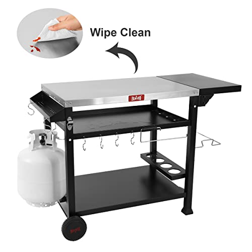 FEASTO Three-Shelf Movable Food Prep Cart Table , Home and Outdoor Multifunctional Stainless Steel Table Top Worktable on Two Wheels, L50’’x W21.7’’x H33’’