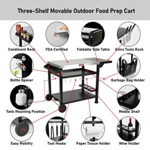 FEASTO Three-Shelf Movable Food Prep Cart Table , Home and Outdoor Multifunctional Stainless Steel Table Top Worktable on Two Wheels, L50’’x W21.7’’x H33’’