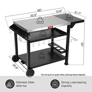 FEASTO Three-Shelf Movable Food Prep Cart Table , Home and Outdoor Multifunctional Stainless Steel Table Top Worktable on Two Wheels, L50’’x W21.7’’x H33’’