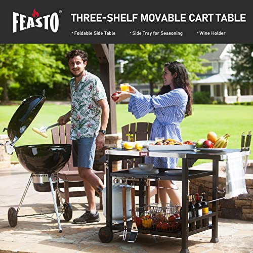 FEASTO Three-Shelf Movable Food Prep Cart Table , Home and Outdoor Multifunctional Stainless Steel Table Top Worktable on Two Wheels, L50’’x W21.7’’x H33’’