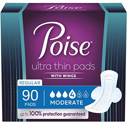 Poise Ultra Thin Incontinence Pads for Women, with Wings, Postpartum Pads, Moderate Absorbency, Bladder Control Pads, 90 Count (3 Packs of 30)