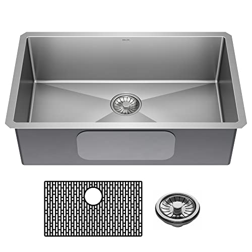 DELTA FAUCET Delta Lenta 30-inch Undermount 16 Gauge Stainless Steel Single Bowl Kitchen Sink with Accessories, 953034-30S-SS, Satin