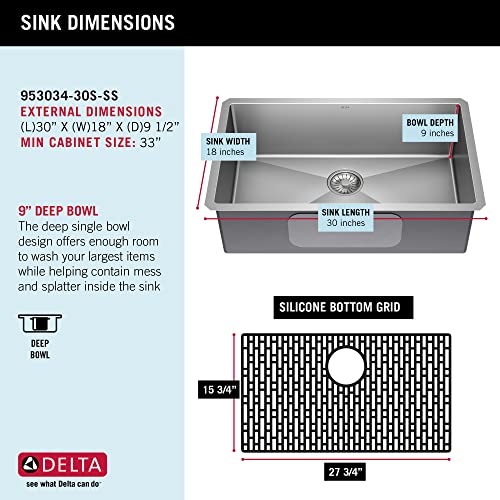 DELTA FAUCET Delta Lenta 30-inch Undermount 16 Gauge Stainless Steel Single Bowl Kitchen Sink with Accessories, 953034-30S-SS, Satin