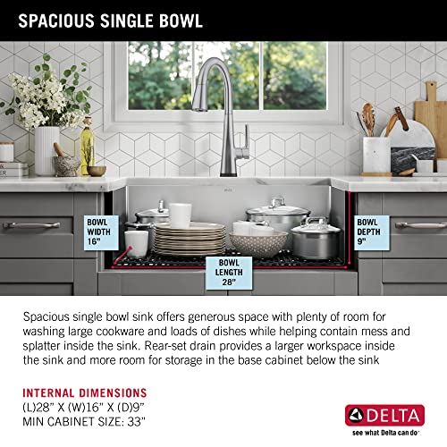 DELTA FAUCET Delta Lenta 30-inch Undermount 16 Gauge Stainless Steel Single Bowl Kitchen Sink with Accessories, 953034-30S-SS, Satin