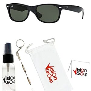 Ray-Ban RB2132 New Wayfarer Sunglasses + Vision Group Accessories Bundle (Black/Crystal Green,55), unisex-adult