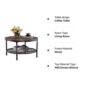 VINGLI Round Coffee Tables Living Room, 31.5" Round Coffee Table with Storage Round Wooden Coffee Table Round Farmhouse Coffee Table, Industrial Coffee Table Rustic Round Coffee Table with Metal Shelf