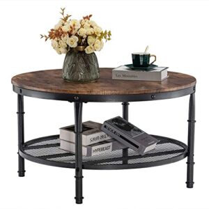 vingli round coffee tables living room, 31.5″ round coffee table with storage round wooden coffee table round farmhouse coffee table, industrial coffee table rustic round coffee table with metal shelf