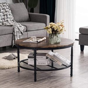 VINGLI Round Coffee Tables Living Room, 31.5" Round Coffee Table with Storage Round Wooden Coffee Table Round Farmhouse Coffee Table, Industrial Coffee Table Rustic Round Coffee Table with Metal Shelf