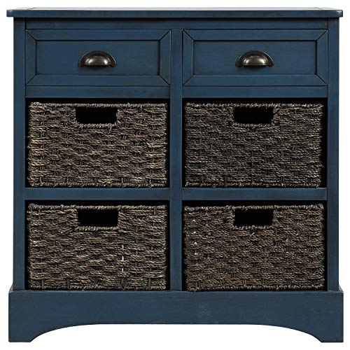 Knocbel Farmhouse Wicker Baskets Storage Cabinet with 2 Drawers and Aluminum Alloy Handles, Decorative Chest of Drawer Console Table for Entryway Hallway Dining Room Living Room (Antique Navy)