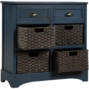 Knocbel Farmhouse Wicker Baskets Storage Cabinet with 2 Drawers and Aluminum Alloy Handles, Decorative Chest of Drawer Console Table for Entryway Hallway Dining Room Living Room (Antique Navy)