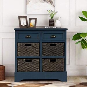 Knocbel Farmhouse Wicker Baskets Storage Cabinet with 2 Drawers and Aluminum Alloy Handles, Decorative Chest of Drawer Console Table for Entryway Hallway Dining Room Living Room (Antique Navy)