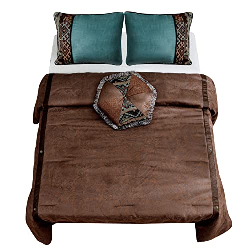 Paseo Road by HiEnd Accents | Del Rio 5 Piece Comforter Set, Super King Size, Blue and Brown Faux Leather, Southwestern Luxury Bedding Set, 1 Comforter, 1 Bed Skirt, 2 Pillow Shams, 1 Accent Pillow