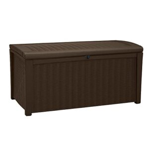 keter borneo 110 gallon resin deck box-organization and storage for patio furniture outdoor cushions, throw pillows, garden tools and pool toys, brown