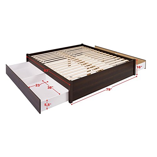 Prepac Select King 4 Post Platform Bed With 4 Drawers, 83" L x 79" W x 16" H, Espresso