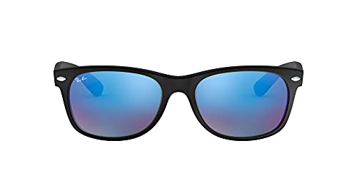 Ray-Ban RB2132 New Wayfarer Square Sunglasses, Rubber Black/Grey Mirror Blue, 55 mm