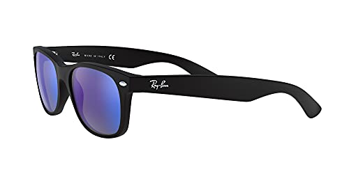 Ray-Ban RB2132 New Wayfarer Square Sunglasses, Rubber Black/Grey Mirror Blue, 55 mm