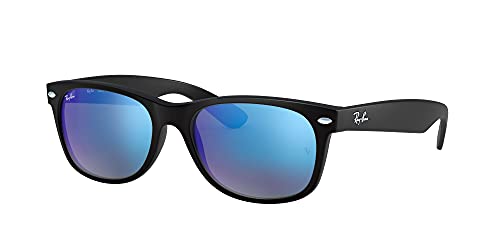 Ray-Ban RB2132 New Wayfarer Square Sunglasses, Rubber Black/Grey Mirror Blue, 55 mm