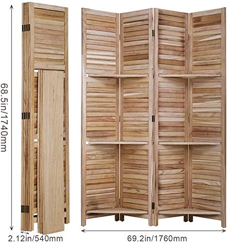 Room Dividers and Folding Privacy Screens 4 Panel 69 Inch Tall Portable Room Seperating Divider w/ 3 Display Shelves Solid Wood Room Partitions and Dividers Freestanding for Home, Office, Restaurant