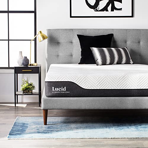 Lucid 12 Inch Hybrid Mattress – Bamboo Charcoal and Aloe Vera Infused- Memory Foam Mattress- Moisture Wicking – Odor Reducing, White/Black, Queen