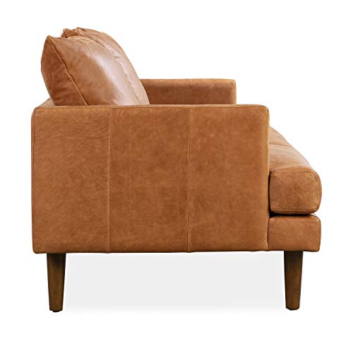 POLY & BARK Girona Leather Couch – 88-Inch Leather Sofa with Tufted Back - Full Grain Leather Couch with Feather-Down Topper On Seating Surfaces – Pure-Aniline Italian Leather – Cognac Tan