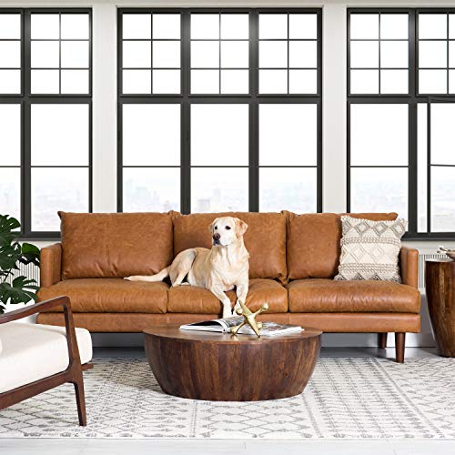 POLY & BARK Girona Leather Couch – 88-Inch Leather Sofa with Tufted Back - Full Grain Leather Couch with Feather-Down Topper On Seating Surfaces – Pure-Aniline Italian Leather – Cognac Tan