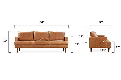 POLY & BARK Girona Leather Couch – 88-Inch Leather Sofa with Tufted Back - Full Grain Leather Couch with Feather-Down Topper On Seating Surfaces – Pure-Aniline Italian Leather – Cognac Tan