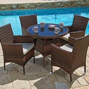 SUNCROWN 5 Piece Outdoor Dining Set All-Weather Wicker Patio Dining Table and Chairs with Cushions, Round Tempered Glass Tabletop with Umbrella Cutout for Patio Backyard Porch Garden Poolside