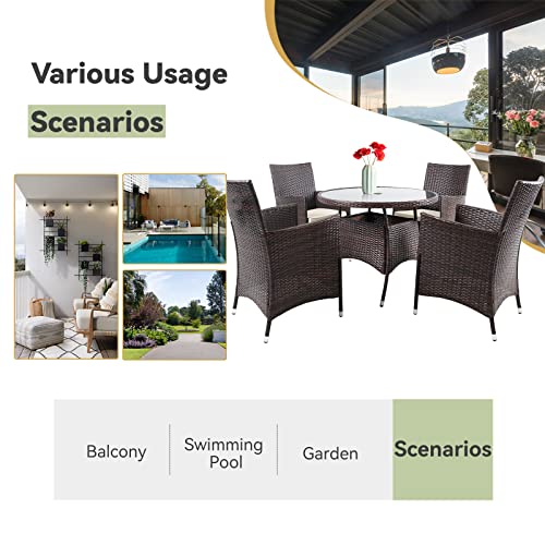 SUNCROWN 5 Piece Outdoor Dining Set All-Weather Wicker Patio Dining Table and Chairs with Cushions, Round Tempered Glass Tabletop with Umbrella Cutout for Patio Backyard Porch Garden Poolside