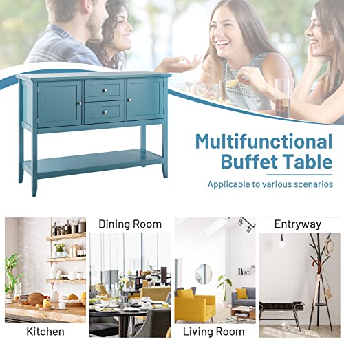 COSTWAY Buffet Sideboard, with 2 Wood Storage Drawers & Open Shelf, Console Table for Living Room Kitchen Dining Room Furniture (Blue)