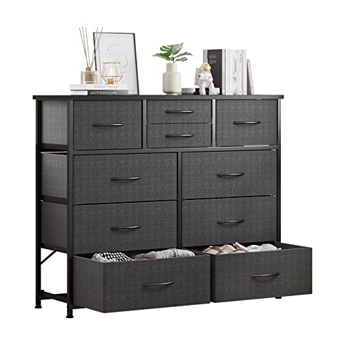 LUMTOK 10-Drawer Dresser, Fabric Storage Dressers for Bedroom, Hallway, Nursery, Closets, Steel Frame, Wood Top, Easy Pull Handle (Grey)