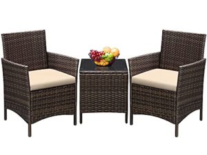 greesum 3 pieces patio furniture pe rattan wicker chair conversation set, brown and beige