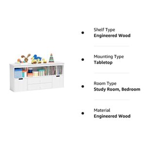 Timy Toy Storage Organizer with 2 Drawers, Wooden Toy Organizer Bins, Kids Bookshelf for Reading, Storing, Playing, White