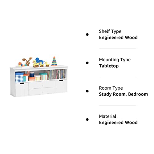 Timy Toy Storage Organizer with 2 Drawers, Wooden Toy Organizer Bins, Kids Bookshelf for Reading, Storing, Playing, White