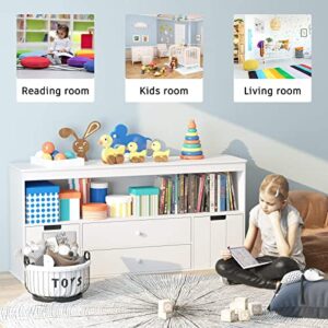 Timy Toy Storage Organizer with 2 Drawers, Wooden Toy Organizer Bins, Kids Bookshelf for Reading, Storing, Playing, White