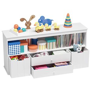 Timy Toy Storage Organizer with 2 Drawers, Wooden Toy Organizer Bins, Kids Bookshelf for Reading, Storing, Playing, White