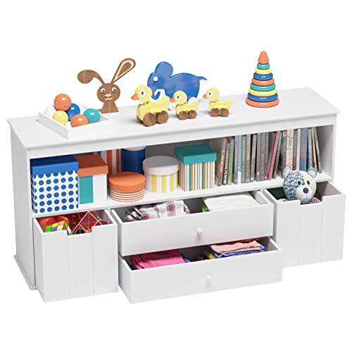 Timy Toy Storage Organizer with 2 Drawers, Wooden Toy Organizer Bins, Kids Bookshelf for Reading, Storing, Playing, White