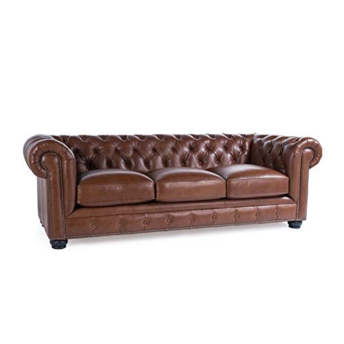 BOWERY HILL Traditional Oak Leather Chesterfield Sofa in Chestnut