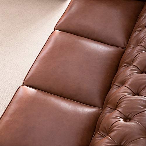 BOWERY HILL Traditional Oak Leather Chesterfield Sofa in Chestnut