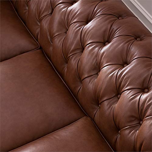 BOWERY HILL Traditional Oak Leather Chesterfield Sofa in Chestnut