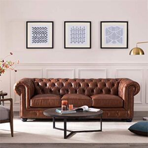 BOWERY HILL Traditional Oak Leather Chesterfield Sofa in Chestnut