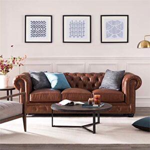 BOWERY HILL Traditional Oak Leather Chesterfield Sofa in Chestnut