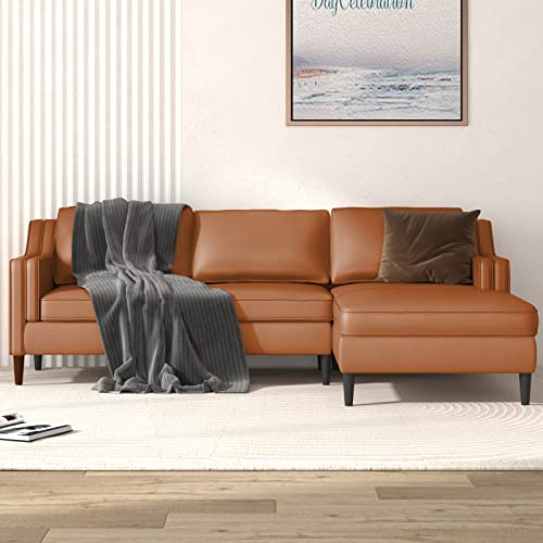 Mjkone Leather Sectional Sofa Couch, Luxurious Sectional Couches for Living Room, L Shaped Couch Sofas with Optional Right Facing Style/Unique Stress Design/Easy to Assemble (Cognac Tan)