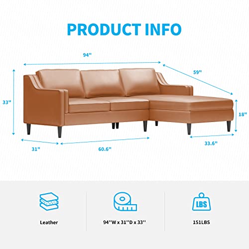 Mjkone Leather Sectional Sofa Couch, Luxurious Sectional Couches for Living Room, L Shaped Couch Sofas with Optional Right Facing Style/Unique Stress Design/Easy to Assemble (Cognac Tan)