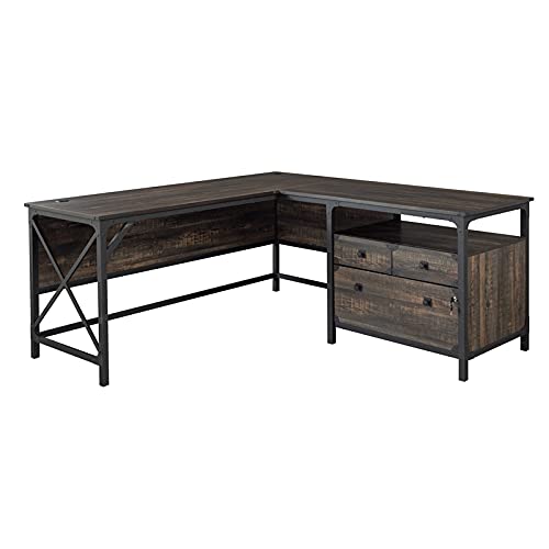 Sauder Steel River Wood and Metal L-Desk with Drawers, Carbon Oak Finish