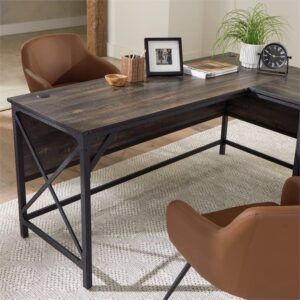 Sauder Steel River Wood and Metal L-Desk with Drawers, Carbon Oak Finish