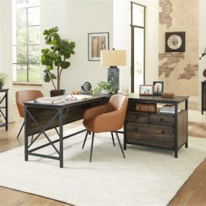 Sauder Steel River Wood and Metal L-Desk with Drawers, Carbon Oak Finish