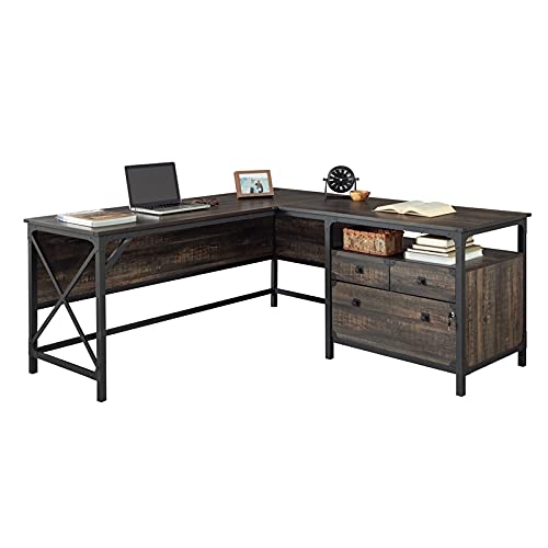 Sauder Steel River Wood and Metal L-Desk with Drawers, Carbon Oak Finish