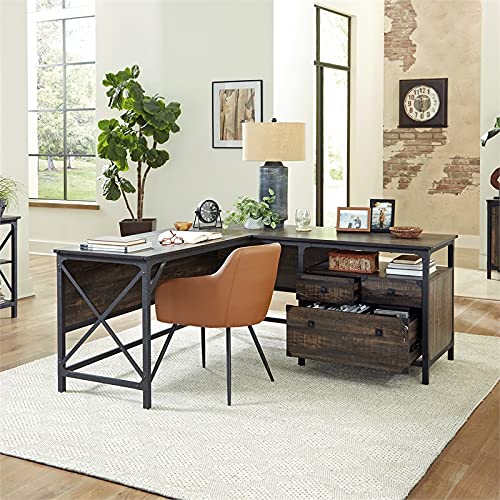 Sauder Steel River Wood and Metal L-Desk with Drawers, Carbon Oak Finish